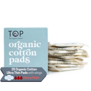 TOP the organic project: Ultra Thin Super (Night) Absorbent Pads w/Wings - Certified 100% Organic Cotton | Non-Toxic, Biodegradable (Natural Sanitary Napkin, Breathable, Unscented), 20 Ct