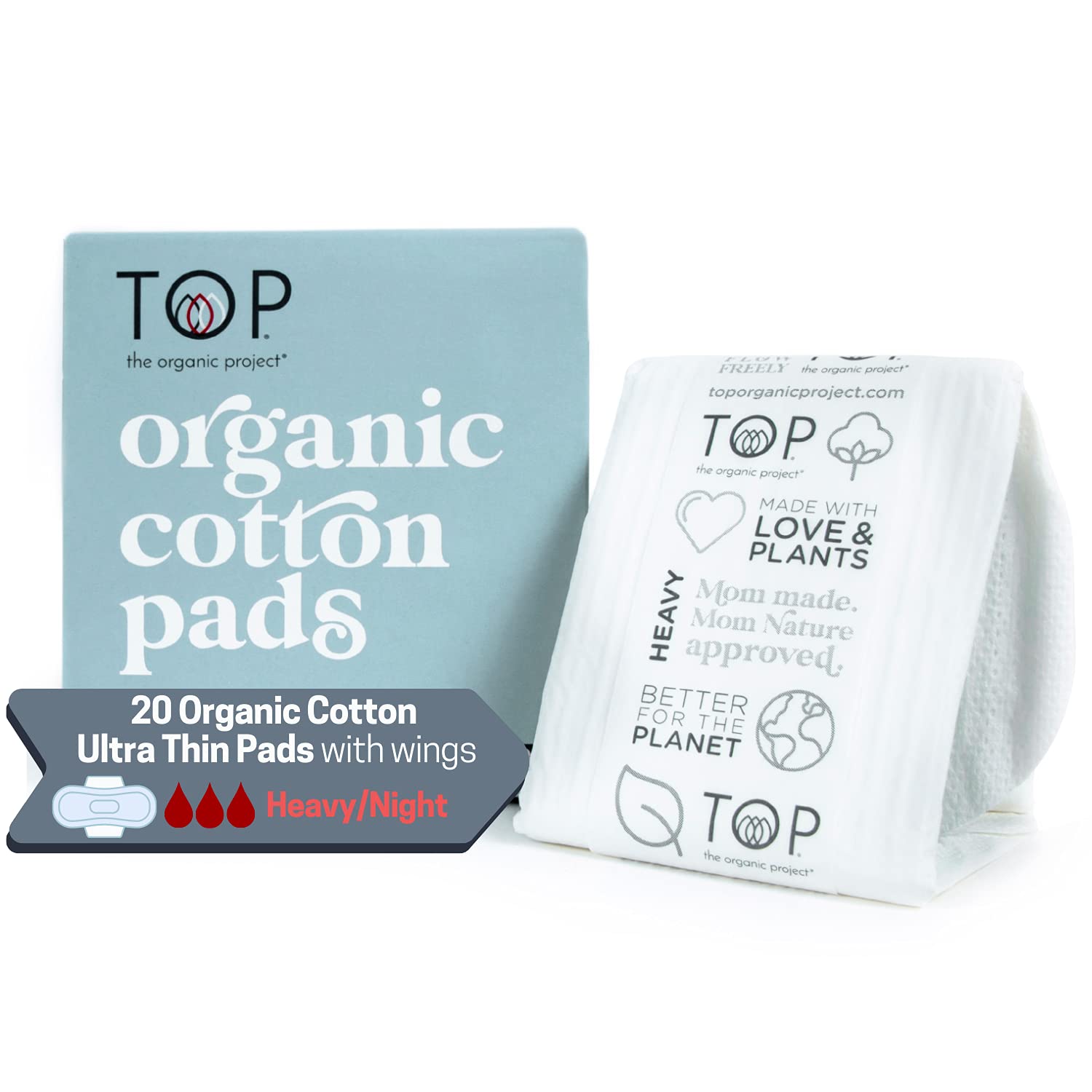 TOP the organic project: Ultra Thin Super (Night) Absorbent Pads w/Wings - Certified 100% Organic Cotton | Non-Toxic, Biodegradable (Natural Sanitary Napkin, Breathable, Unscented), 20 Ct