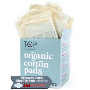 TOP the organic project: Ultra Thin Super (Night) Absorbent Pads w/Wings - Certified 100% Organic Cotton | Non-Toxic, Biodegradable (Natural Sanitary Napkin, Breathable, Unscented), 20 Ct