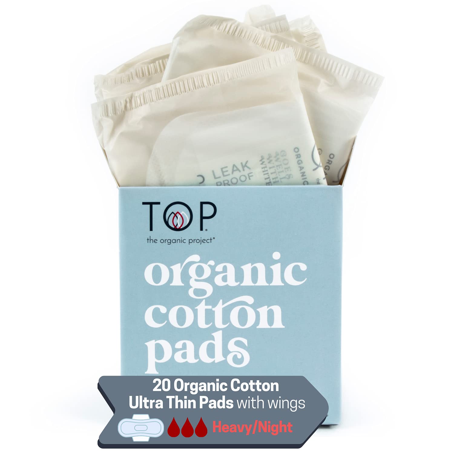 TOP the organic project: Ultra Thin Super (Night) Absorbent Pads w/Wings - Certified 100% Organic Cotton | Non-Toxic, Biodegradable (Natural Sanitary Napkin, Breathable, Unscented), 20 Ct