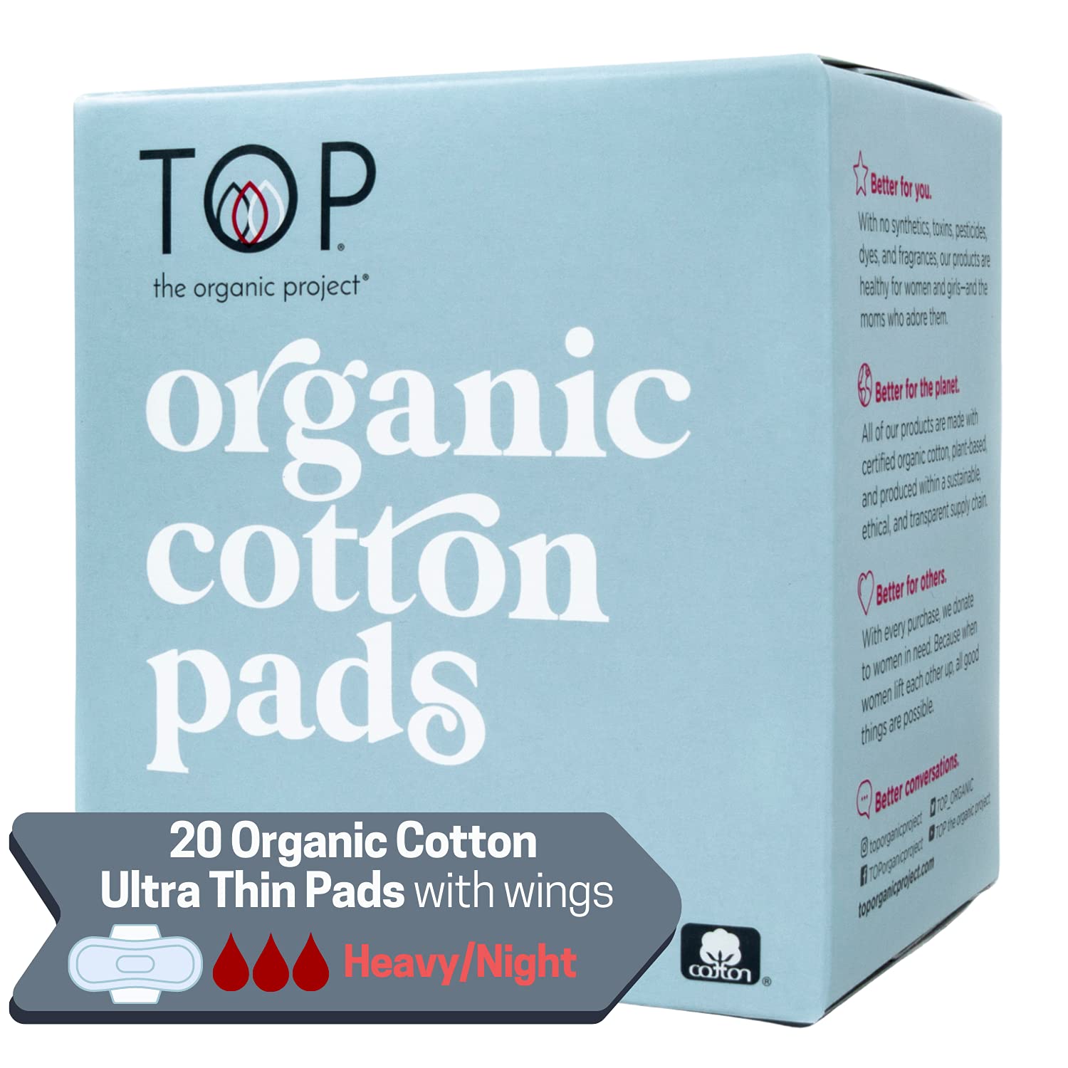 TOP the organic project: Ultra Thin Super (Night) Absorbent Pads w/Wings - Certified 100% Organic Cotton | Non-Toxic, Biodegradable (Natural Sanitary Napkin, Breathable, Unscented), 20 Ct