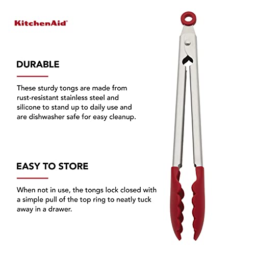 KitchenAid Silicone Stainless Steel Tongs, 12 Inch, Red