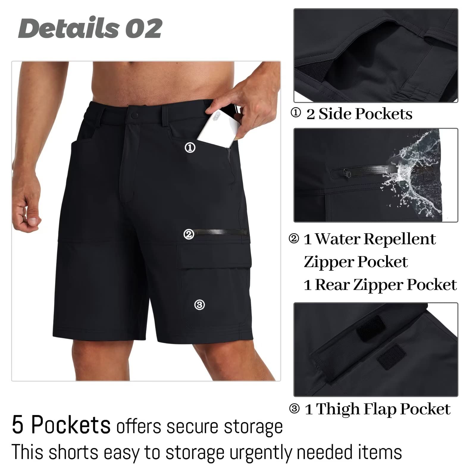 MAGCOMSEN Quick Dry Shorts Men Hiking Summer Shorts Cargo Work Shorts Travel Fishing Shorts Black,30