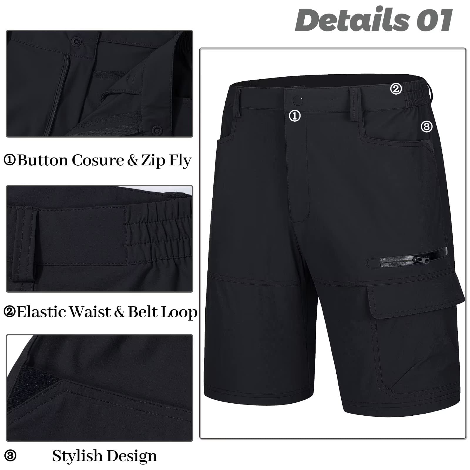 MAGCOMSEN Quick Dry Shorts Men Hiking Summer Shorts Cargo Work Shorts Travel Fishing Shorts Black,30