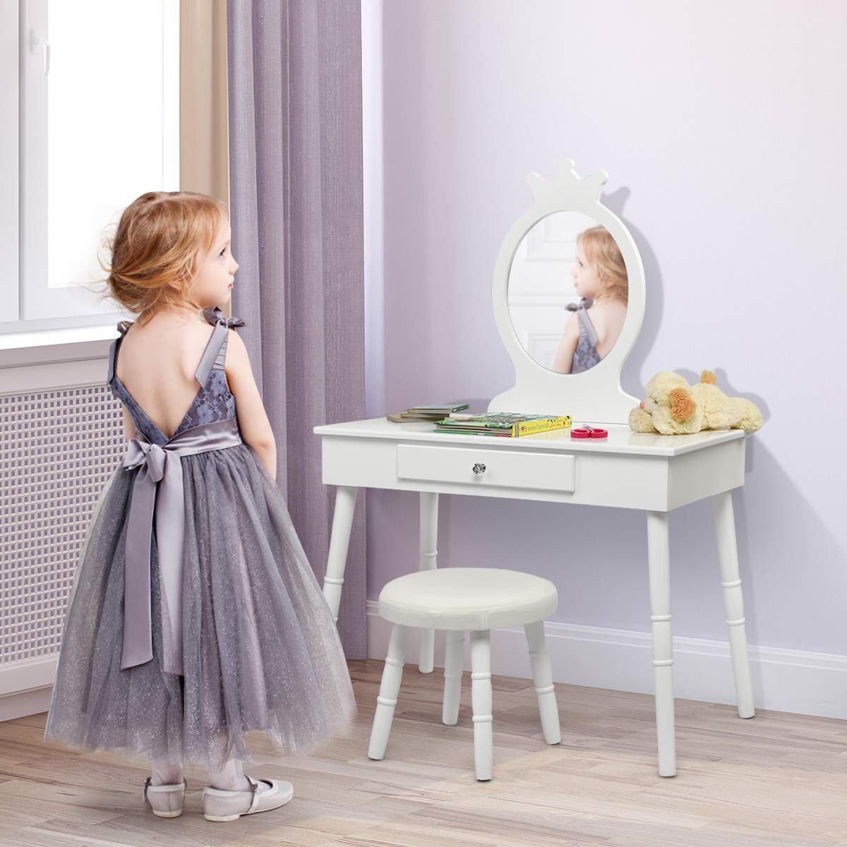 Costzon Kids Vanity Set, Wooden Princess Makeup Table with Cushioned Stool, Large Drawer, Solid Wooden Legs and Crown Mirror, Pretend Beauty Make Up Dressing Play Set for Girls Best Gift (White)