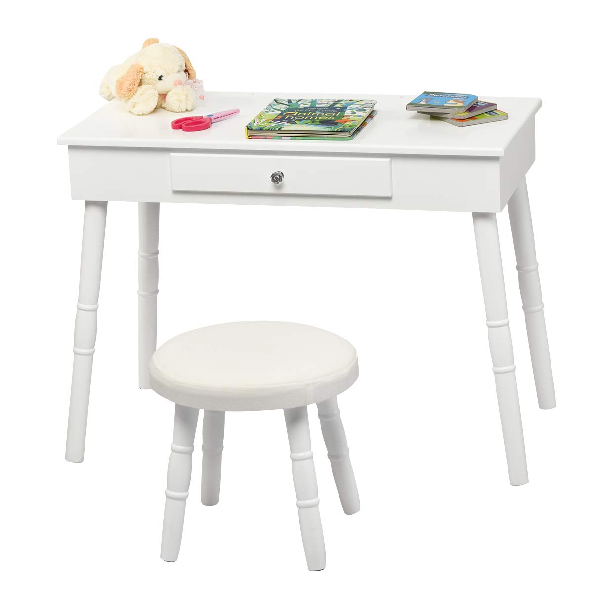 Costzon Kids Vanity Set, Wooden Princess Makeup Table with Cushioned Stool, Large Drawer, Solid Wooden Legs and Crown Mirror, Pretend Beauty Make Up Dressing Play Set for Girls Best Gift (White)