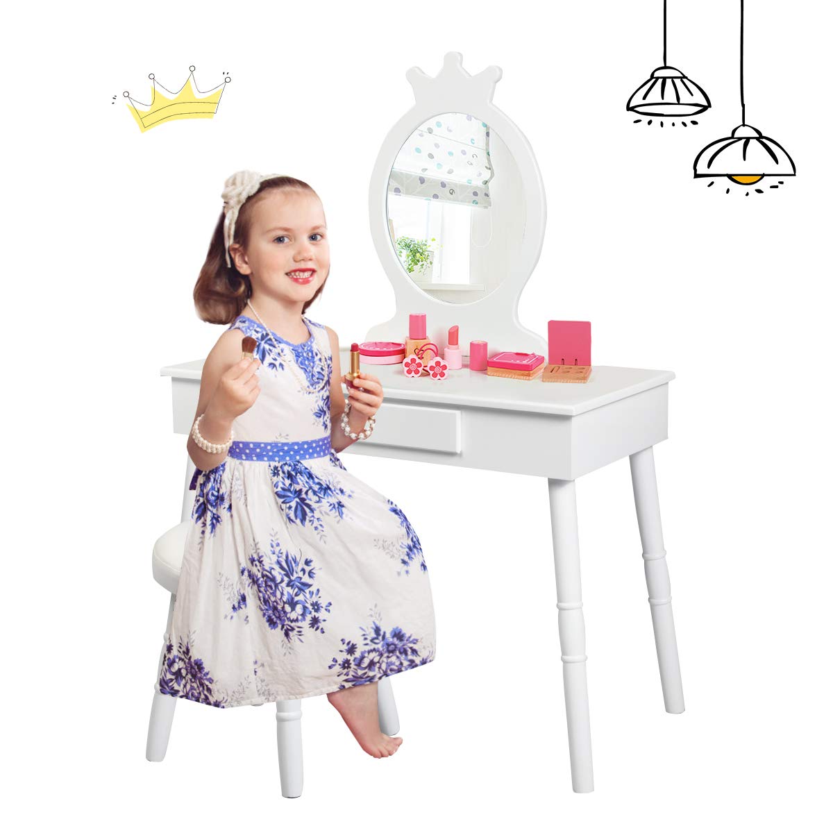 Costzon Kids Vanity Set, Wooden Princess Makeup Table with Cushioned Stool, Large Drawer, Solid Wooden Legs and Crown Mirror, Pretend Beauty Make Up Dressing Play Set for Girls Best Gift (White)