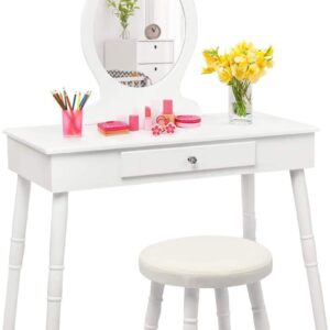 Costzon Kids Vanity Set, Wooden Princess Makeup Table with Cushioned Stool, Large Drawer, Solid Wooden Legs and Crown Mirror, Pretend Beauty Make Up Dressing Play Set for Girls Best Gift (White)