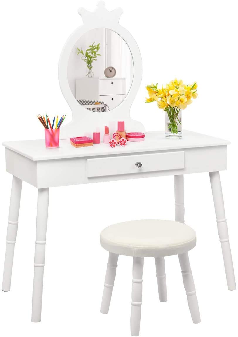 Costzon Kids Vanity Set, Wooden Princess Makeup Table with Cushioned Stool, Large Drawer, Solid Wooden Legs and Crown Mirror, Pretend Beauty Make Up Dressing Play Set for Girls Best Gift (White)