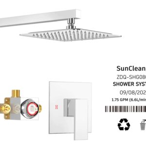 SunCleanse Shower Faucet Set with Valve, 8 Inch Square Shower Head and Handle Set, Single Handle Shower Trim Kit with Extra Long Shower Arm, Polished Chrome