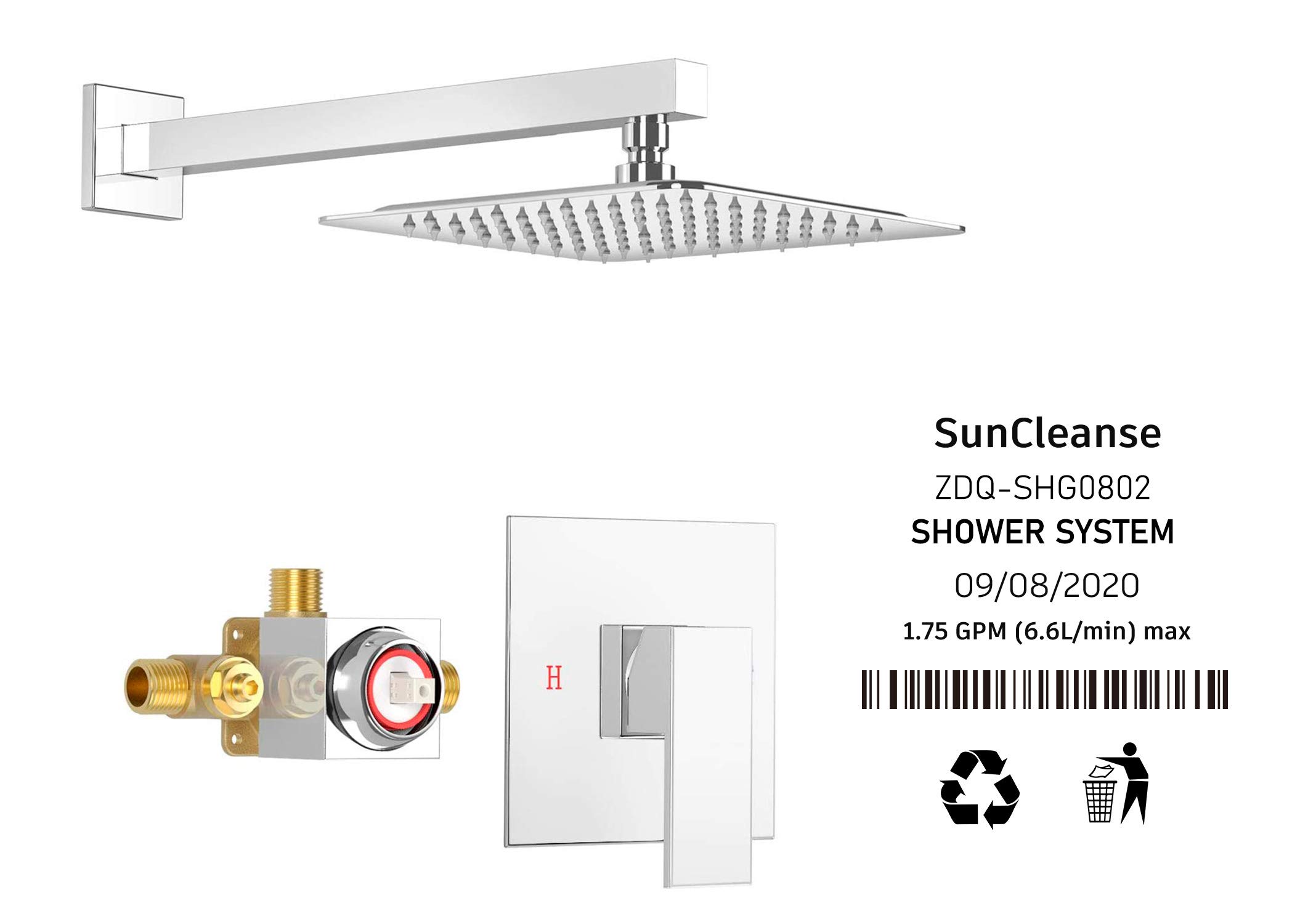 SunCleanse Shower Faucet Set with Valve, 8 Inch Square Shower Head and Handle Set, Single Handle Shower Trim Kit with Extra Long Shower Arm, Polished Chrome