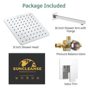 SunCleanse Shower Faucet Set with Valve, 8 Inch Square Shower Head and Handle Set, Single Handle Shower Trim Kit with Extra Long Shower Arm, Polished Chrome