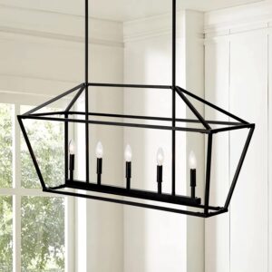 Untrammelife 5-Light Linear Pendant Light Fixture, Kitchen Island Lantern Pendant Lighting, Linear Chandelier with Adjustable Height in Coal Black Finish