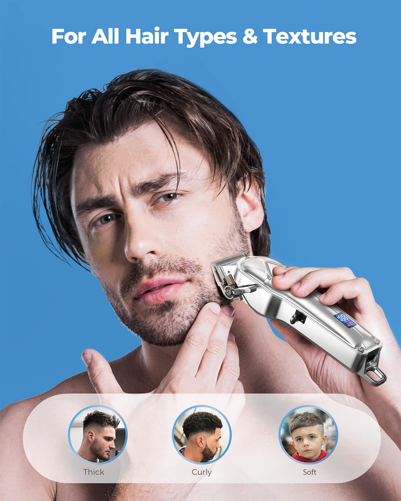 Limural Hair Clippers for Men Professional - Cordless Barber Clippers for Hair Cutting & Grooming, Rechargeable Beard Trimmer with Large LED Display & Silver Metal Casing