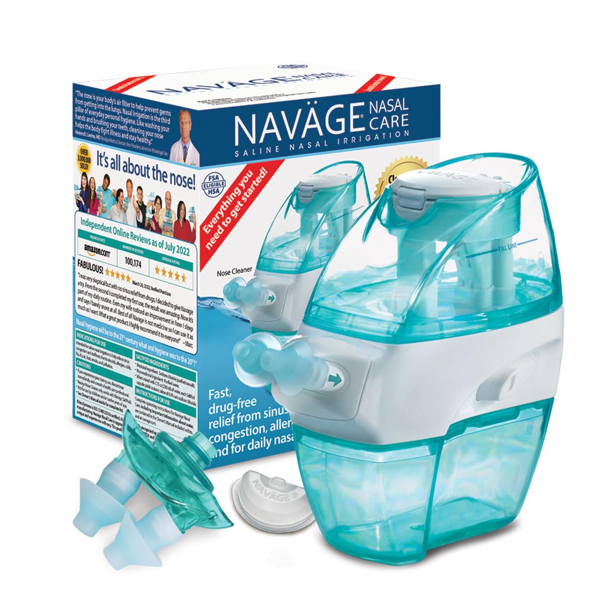 Navage Multi-User Bundle - Navage Nasal Irrigation System - Saline Nasal Rinse Kit with 1 Navage Nose Cleaner, 20 Salt Pods, and Extra Nasal Dock and Pair of Nose Pillows