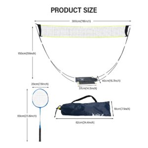 KIKILIVE Badminton Net Set, Portable Complete Badminton Set for Outdoor Backyard, Includes 1 Badminton Net, 4 Rackets, 12 Shuttlecocks, 1 Rackets Bag, 4 Replacement Grip Tapes,4 Stakes and Carry Bag