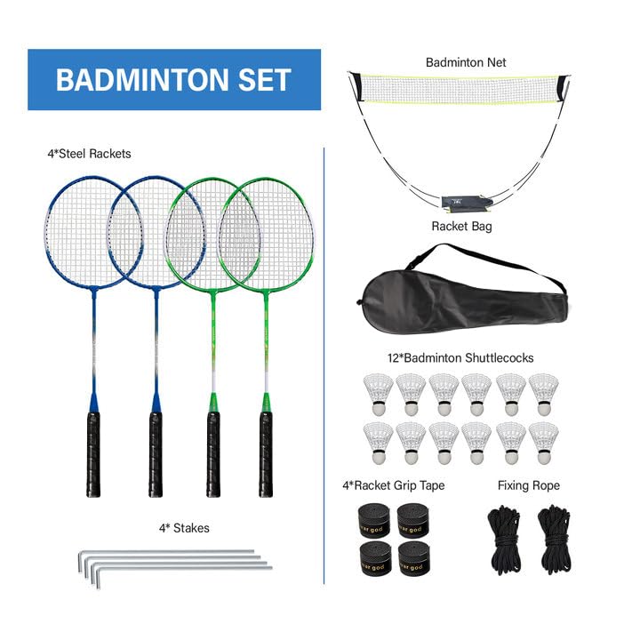 KIKILIVE Badminton Net Set, Portable Complete Badminton Set for Outdoor Backyard, Includes 1 Badminton Net, 4 Rackets, 12 Shuttlecocks, 1 Rackets Bag, 4 Replacement Grip Tapes,4 Stakes and Carry Bag