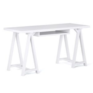 simplihome sawhorse solid wood modern industrial 60 inch wide home office desk, writing table, workstation, study table furniture in white