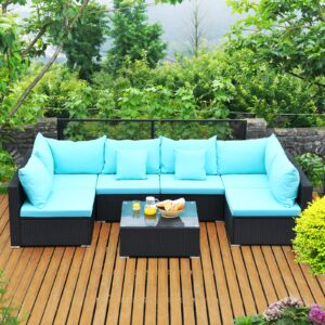 tangkula 7 piece patio furniture set, outdoor sectional sofa w/pillows and cushions, wicker sofa conversation set with coffee table, patio sofa and tea table set for garden, lawn