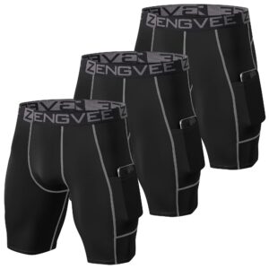 zengvee compression shorts men 3 pack with pocket running short mens gym,workout,cycling,swimming,yoga,climbing,-(1011-3black-grey-xl)