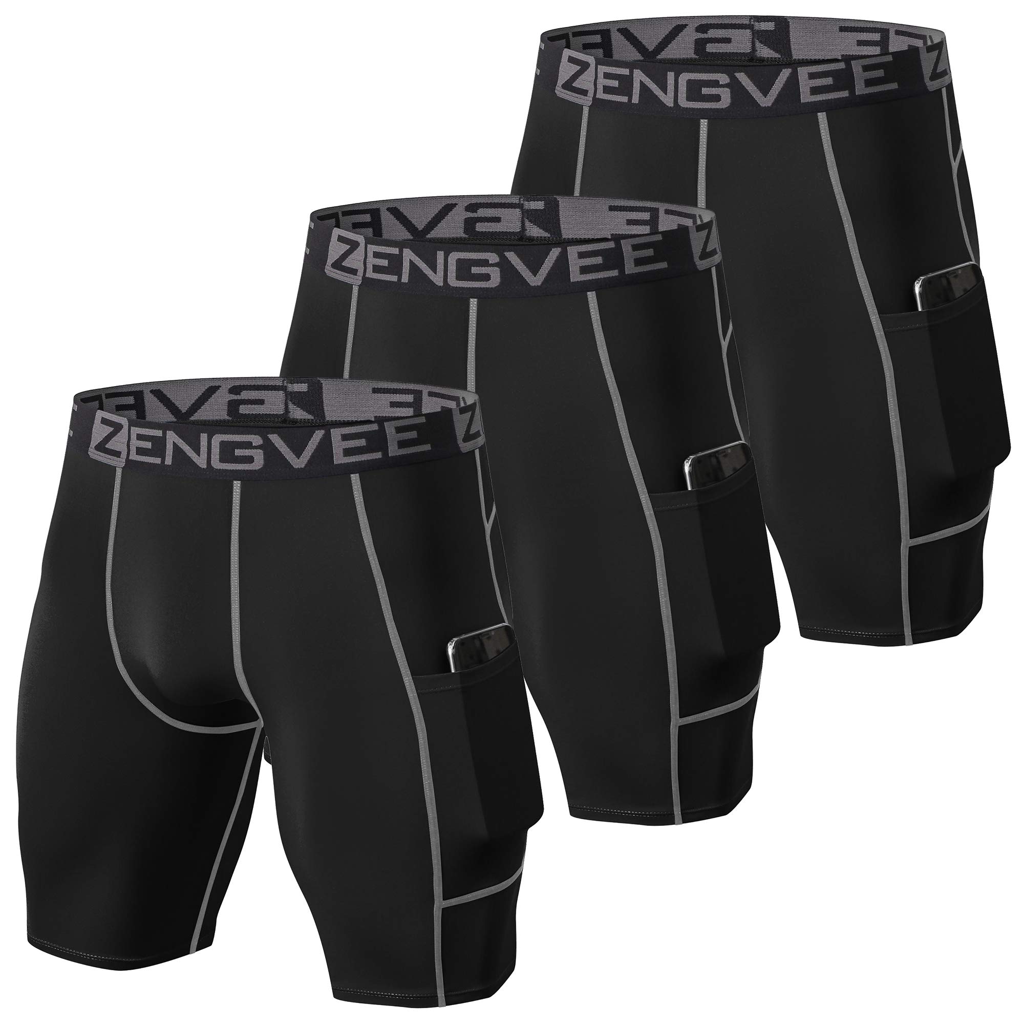 ZENGVEE Compression Shorts Men 3 Pack with Pocket Running Short Mens Gym,Workout,Cycling,Swimming,Yoga,Climbing,-(1011-3Black-Grey-XL)