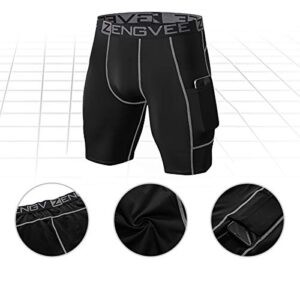 ZENGVEE Compression Shorts Men 3 Pack with Pocket Running Short Mens Gym,Workout,Cycling,Swimming,Yoga,Climbing,-(1011-3Black-Grey-XL)