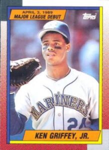 1990 topps 1989 debut #46 ken griffey jr. seattle mariners official mlb baseball trading card in raw (nm or better) condition