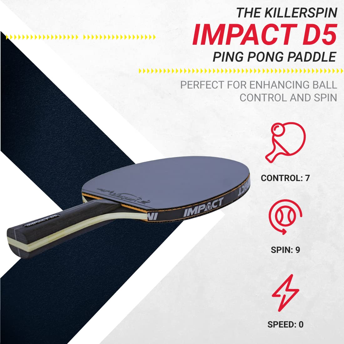 Killerspin Impact D5 Ping Pong Paddle, Table Tennis Racket, Table Tennis Equipment for Intermediates, Table Tennis Paddle with Wood Blade, Black