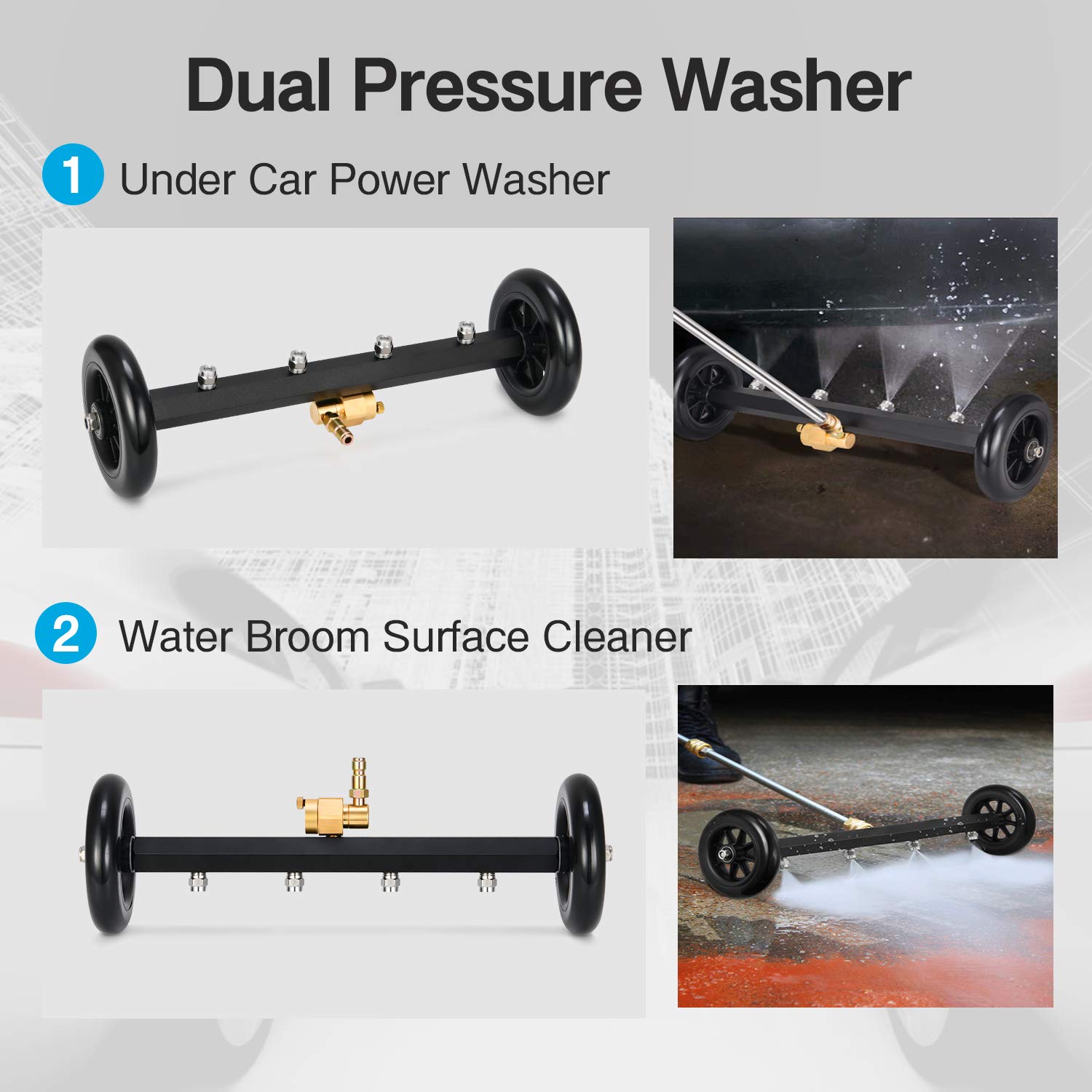 Kohree Undercarriage Pressure Washer Cleaner Attachment, 2 in 1 Underbody Car Washer Water Broom 16", Surface Cleaner for Pressure Power Washer with 3 Pcs Extension Wands 4000 PSI