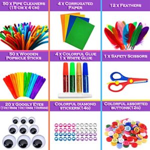 MOISO Kids Crafts and Art Supplies Jar Kit - 550+ Piece Set - Plus Glitter Glue, Construction Paper, Colored Popsicle Sticks, Eyes, Pipe Cleaners