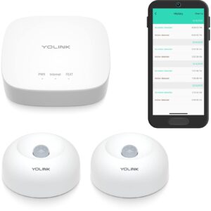 yolink lora 1/4 wireless range smart motion sensors, indoor motion detector, alexa, ifttt, home assistant, movement detector app alerts remote monitor, 2 pack, yolink regular hub included