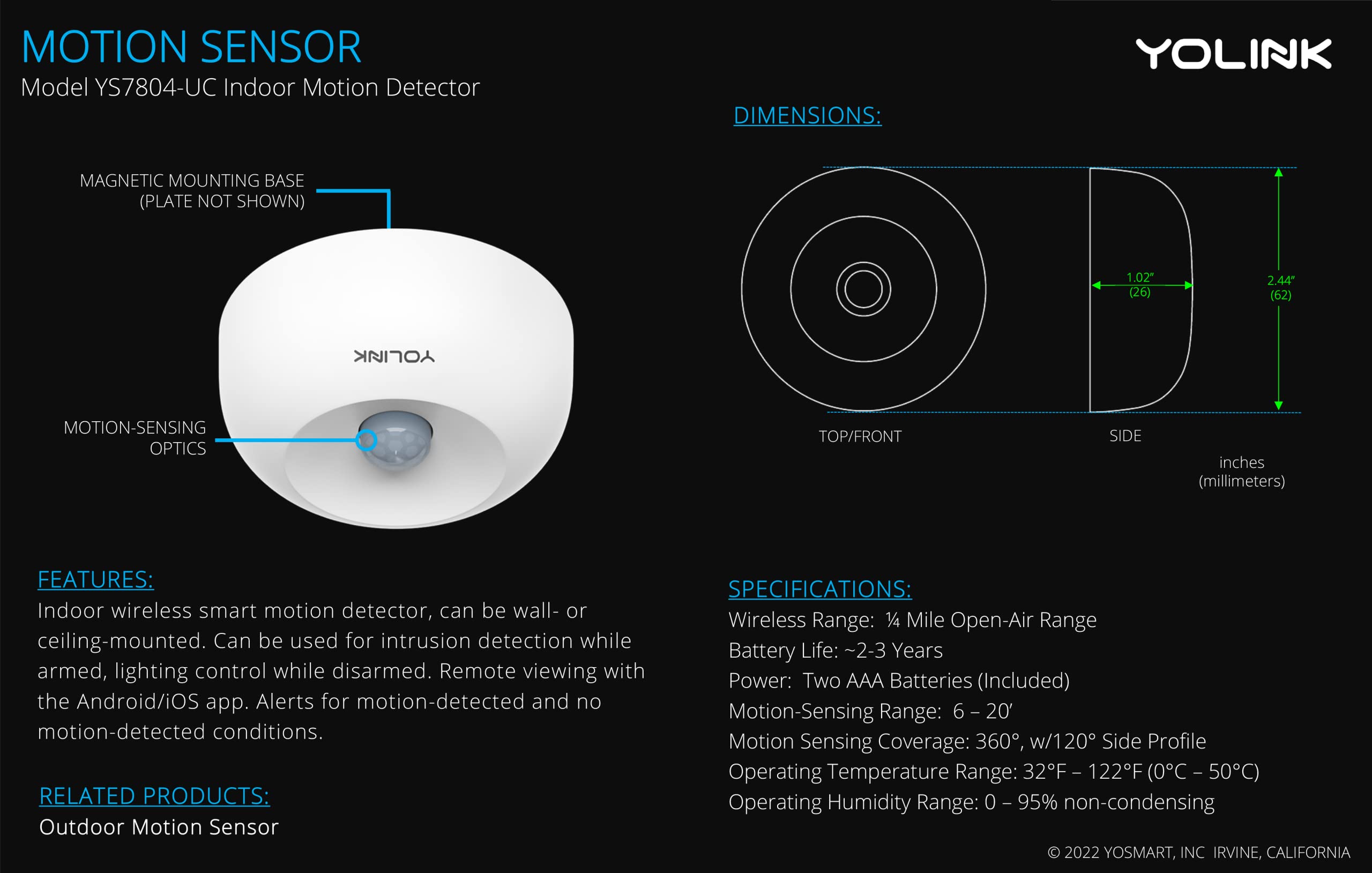 YoLink LoRa 1/4 Wireless Range Smart Motion Sensors, Indoor Motion Detector, Alexa, IFTTT, Home Assistant, Movement Detector App Alerts Remote Monitor, 2 Pack, YoLink Regular Hub Included