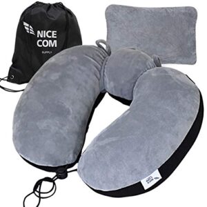 nice com supply airplane neck travel pillow, ultimate travel pillow, for car, men, women, teens, shape transformation 2 &1 & travel backpack,, super soft neck support - gray - travel gifts for adults