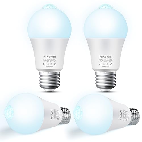 MikeWin Motion Sensor Light Bulbs Outdoor 4 Packs 13W(100W Equivalent) Security LED Bulb, Indoor E26, A19, 5000K Daylight Dusk to Dawn Bulb for Garage Front Door Porch Stairs Hallway