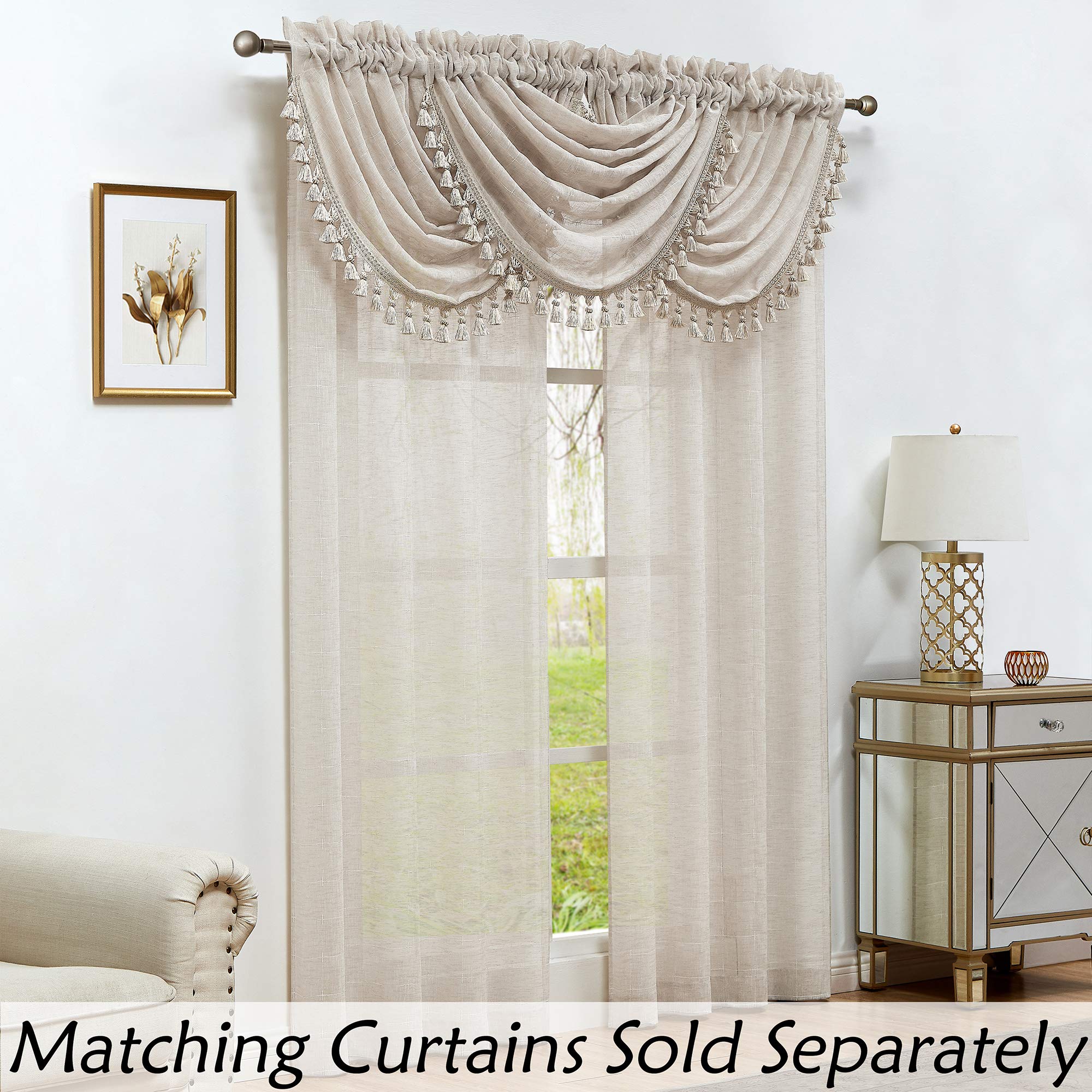 Central Park Linen Waterfall Valance Window Curtain Linen Texture White GEO Embroidery Rod Pocket for Living and Bedroom Semi Sheer Kitchen Curtain, 56"x38", 1 Piece