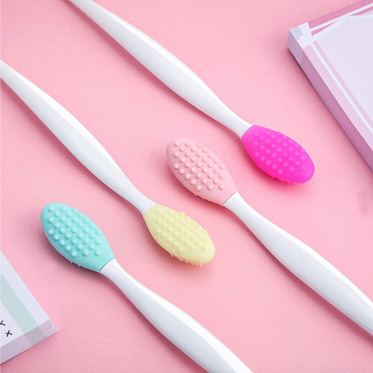 4 Pieces Silicone Exfoliating Lip Brush Tool Double-sided Soft Lip Brush for Smoother and Fuller Lip Appearance (Rose Red, Yellow, Mint Green, Pink)