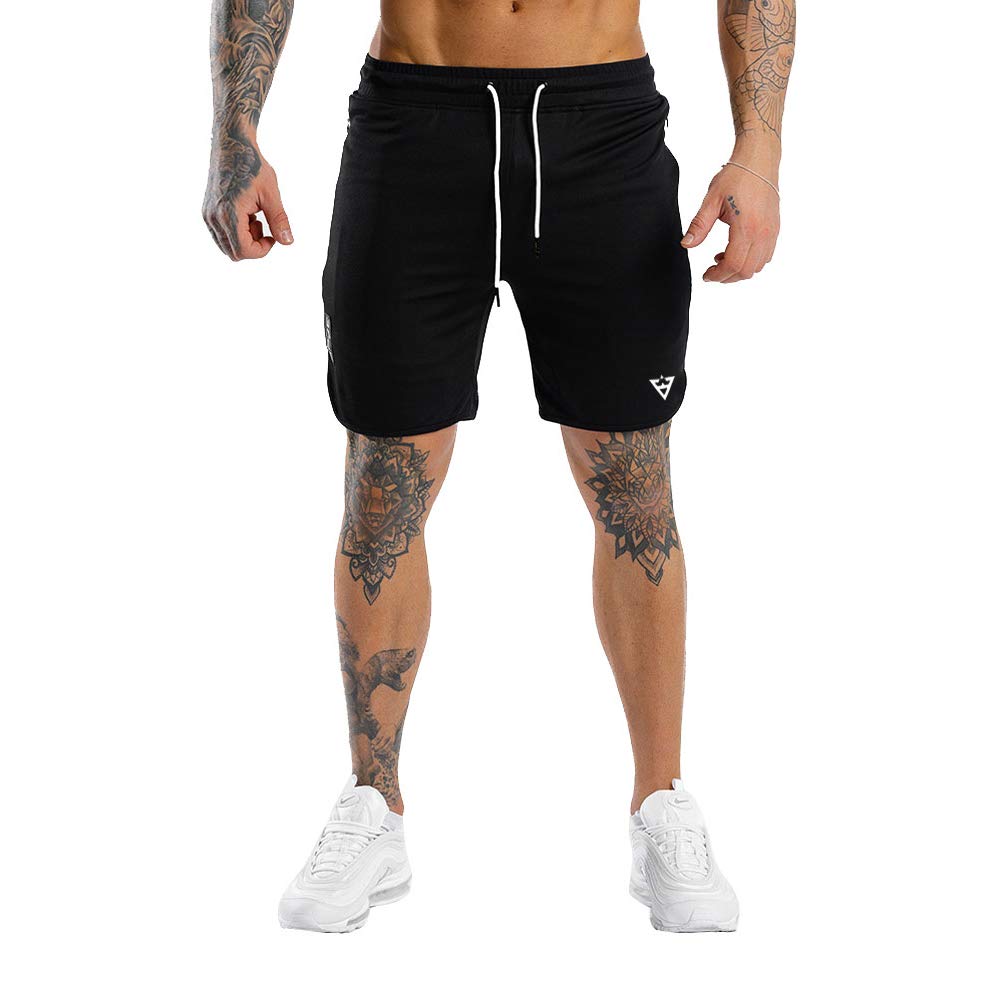 Wangdo Men's Workout Shorts 7" Running Shorts Athletic Bike Shorts Gym Shorts for Men with Zipper Pocket(Black-M)