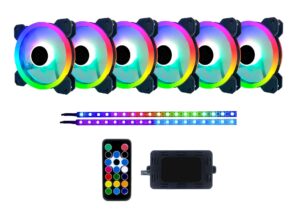 apevia tl612l2s-rgb twilight 120mm silent dual-ring rgb color changing led fan w/remote control, 28x leds & 8x rubber pads w/ 2 led strips (6+2-pk)