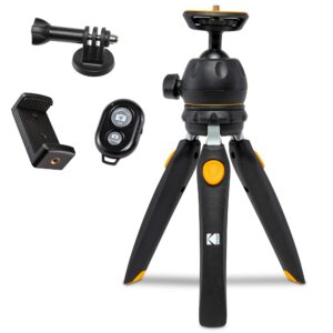 kodak photogear mini adjustable tripod with remote, 360° ball head, compact 9” tabletop tripod,11” selfie stick, 5-position legs, rubber feet, smartphone & action camera adapters, e-guide included