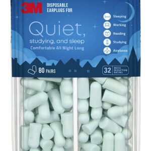 3M Disposable Earplugs for Quiet, Studying & Sleep, Light Blue, 32 NRR, 80 Pairs in a Resealable Package, Hearing Protection