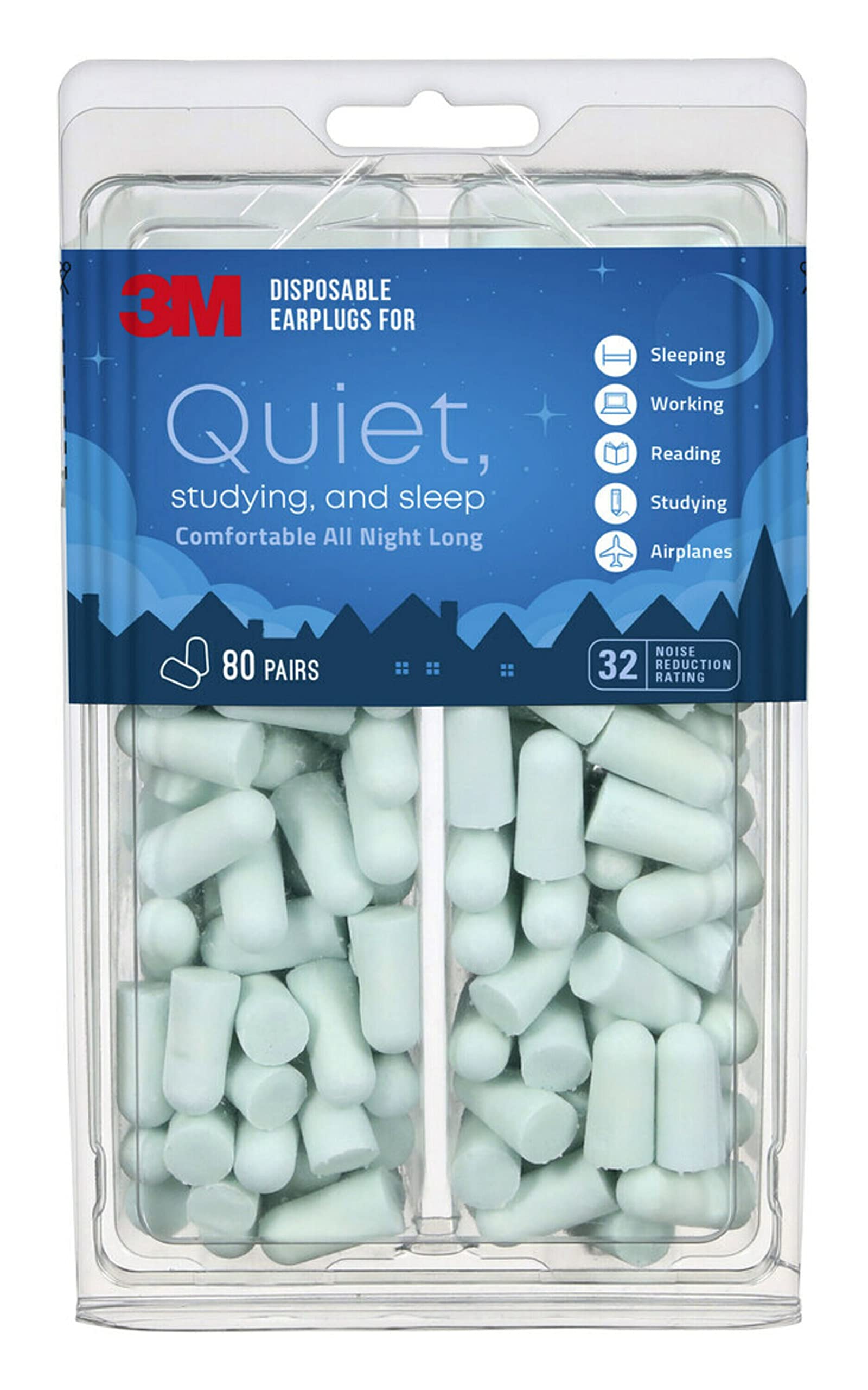 3M Disposable Earplugs for Quiet, Studying & Sleep, Light Blue, 32 NRR, 80 Pairs in a Resealable Package, Hearing Protection