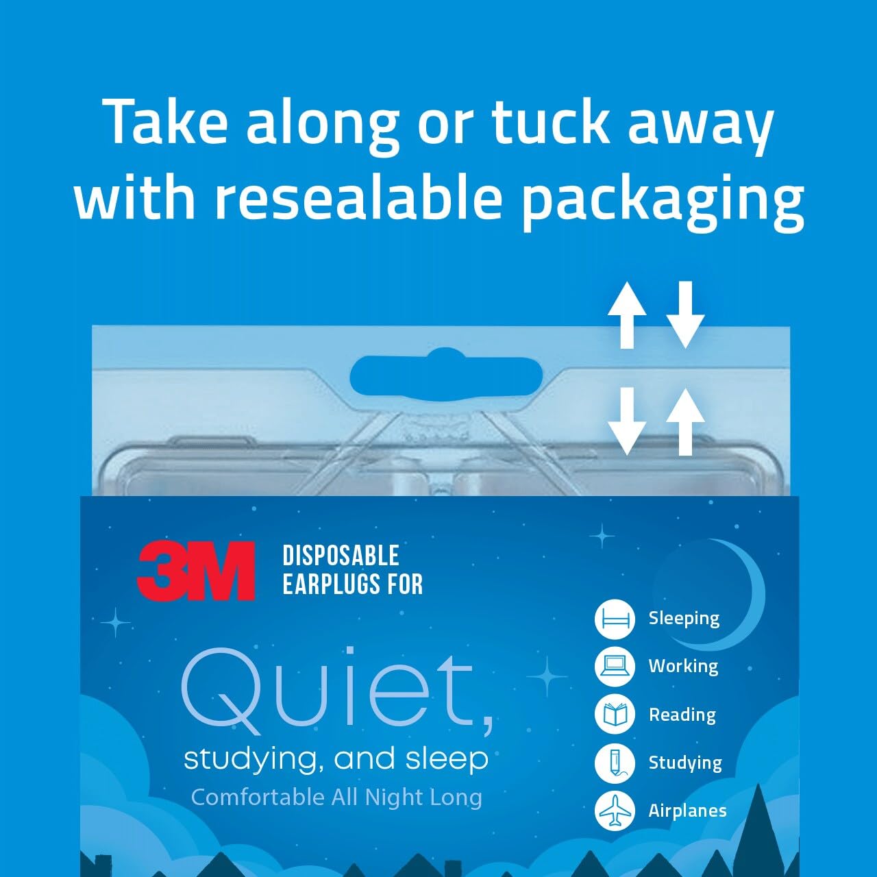 3M Disposable Earplugs for Quiet, Studying & Sleep, Light Blue, 32 NRR, 80 Pairs in a Resealable Package, Hearing Protection