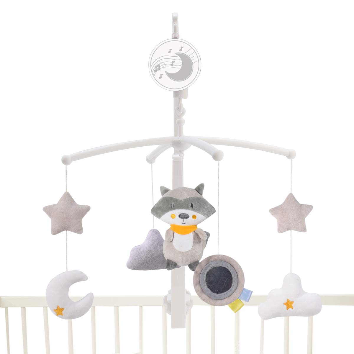 Baby Musical Crib Mobile Toys with Rotation, Raccon Clouds and Stars Sooth Pendant Toy,Wind-up Music Box Design,Nursery Decoration Gift for Newborn Boys and Girls