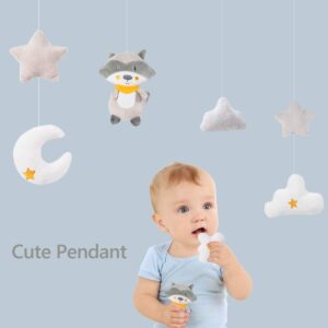 Baby Musical Crib Mobile Toys with Rotation, Raccon Clouds and Stars Sooth Pendant Toy,Wind-up Music Box Design,Nursery Decoration Gift for Newborn Boys and Girls