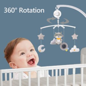 Baby Musical Crib Mobile Toys with Rotation, Raccon Clouds and Stars Sooth Pendant Toy,Wind-up Music Box Design,Nursery Decoration Gift for Newborn Boys and Girls