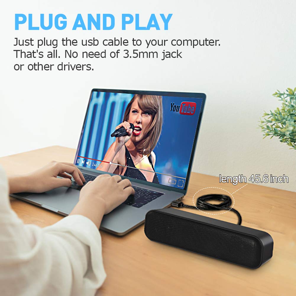 ZETIY Updated Computer Speaker, USB Powered Speaker for Desktop,Windows PC,Mac. Portable Mini Sound bar-Plug and Play with Volume Control and Mute Button (USB-C to USB Adapter Included)