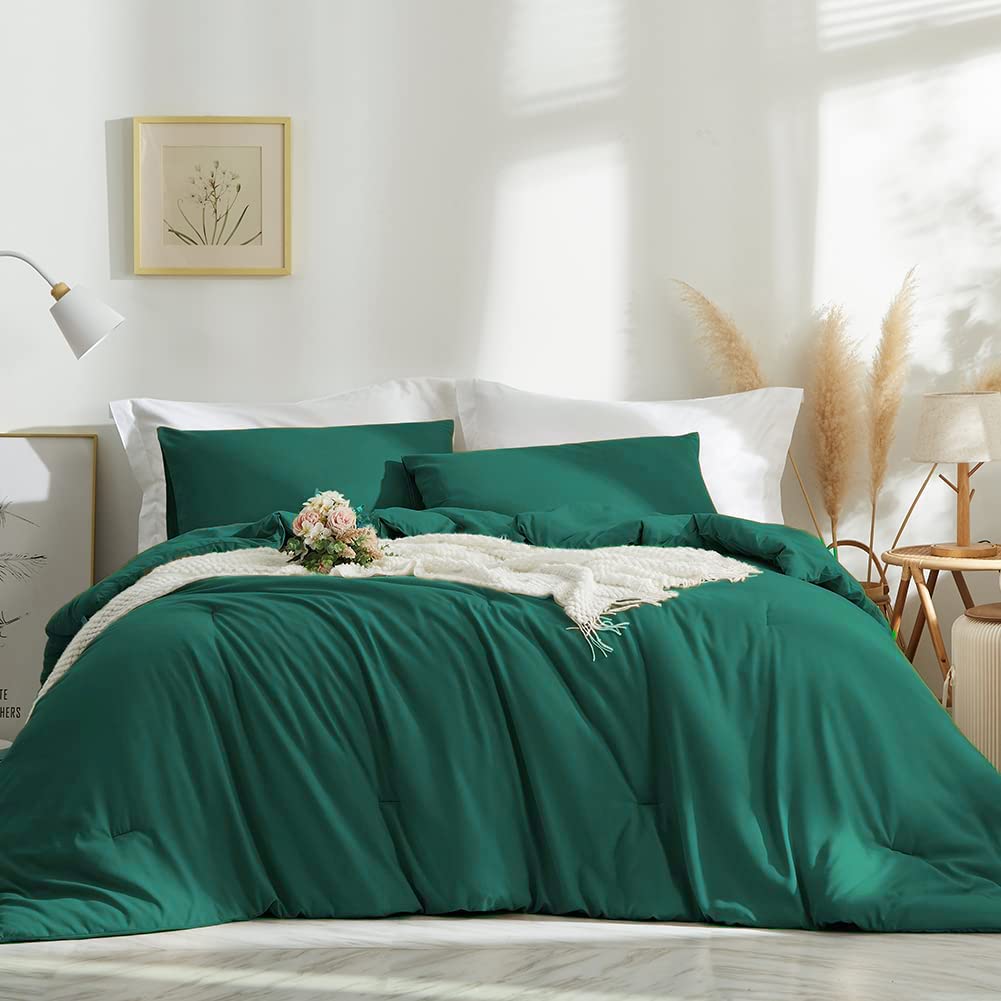 Wellboo Emerald Green Comforter Sets Queen Solid Dark Green Bedding Comforters Cotton Modern Plain Hunter Green Quilts Bedding Women Men Dark Forest Green Dorm Blankets Soft Durable Boho Green Bedding