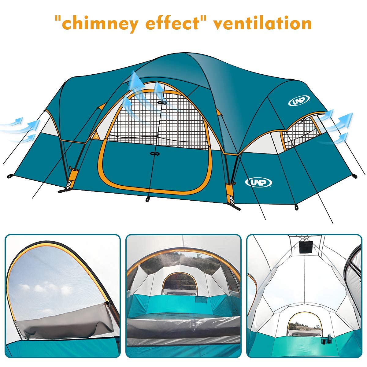 UNP Camping Tent 10-Person-Family Tents, Parties, Music Festival Tent, Big, Easy Up, 5 Large Mesh Windows, Double Layer, 2 Room, Waterproof, Weather Resistant, 18ft x 9ft x78in