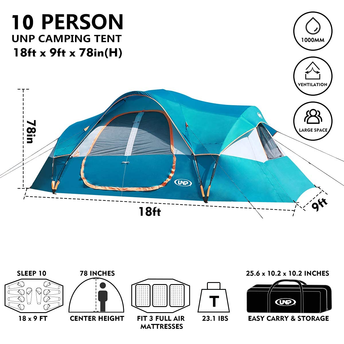 UNP Camping Tent 10-Person-Family Tents, Parties, Music Festival Tent, Big, Easy Up, 5 Large Mesh Windows, Double Layer, 2 Room, Waterproof, Weather Resistant, 18ft x 9ft x78in