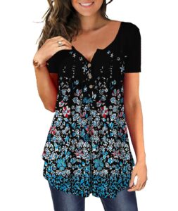 mayamang women's floral tunic tops casual blouse v neck short sleeve buttons up t-shirts (black+small floral, xl)